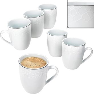 MamboCat 6er Set Venedig Kaffeebecher I 300ml I 6 Personen I wei&szlig;e Porzellan Becher mit Relief in Kieselstein-Optik mit grauer Linie I Tassen f&uuml;r Hei&szlig;getr&auml;nke 