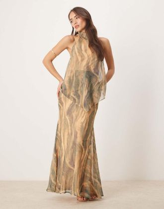 Asos Robe longue double épaisseur à fleurs à encolure montante en mousseline marbrée-Multicolore