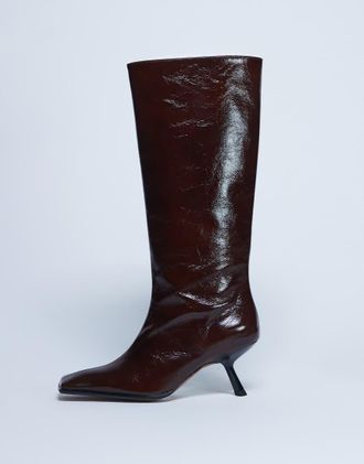 Topshop Scarlett - Bottes à bout carré en cuir de qualité supérieure - Chocolat-Brown