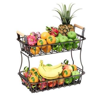 Relaxdays Obstkorb 2-st&ouml;ckig, Obstschale f&uuml;r die K&uuml;che, Metallkorb f&uuml;r Obst und Gem&uuml;se, Griffe, Metall & Holz, schwarz