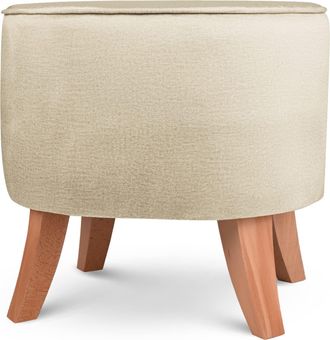 MG Design Ovaler Samt-Hocker 42 x 52 cm in Beige mit Holzbeinen - Gepolsterter Fu&szlig;hocker f&uuml;r Wohnzimmer oder Schlafzimmer