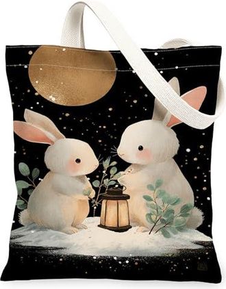 Generic Sac fourre-tout fantaisie en toile motif lapin, motif lanterne animal mignon, sac d&eacute;picerie, sac d&eacute;picerie r&eacute;utilisable, l&eacute;ger et lavable, Noir/blanc,