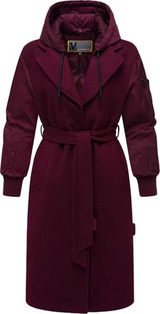 Marikoo Damen warmer langer Übergangsmantel in angesagtem Materialmix mit abnehmbarer Kapuze und Binde-Gürtel Tjadee 16 Wine Gr. XS