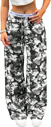 SOLY HUX Damen Hosen Y2K Locke Freizeithose mit Camouflage Muster Sweatpants Elastischer Taille Sporthosen Breite Bein Casualhose Herbst Outfit Grau M