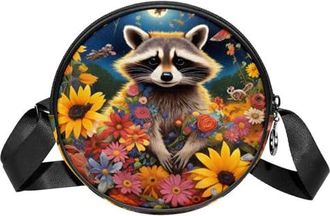Generic Sac &agrave; bandouli&egrave;re rond pour femme, motif tournesol raton laveur, petit sac &agrave; bandouli&egrave;re avec fermeture &eacute;clair, bretelles r&eacute;glables, sac &agrave; main rond d