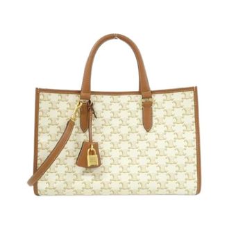 Celine Mini Sac &agrave; Main Horizontal Cabas Triomphe en Toile et Veau Pre-owned - Femme - Pre-owned - Blanc - Taille: ONE Size