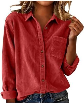 Generic Chemises en velours c&ocirc;tel&eacute; pour femmes &agrave; manches longues avec col boutonn&eacute;, amples, style boyfriend, avec poches, hauts vestes, Rouge, M