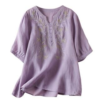 Generic Chemises en lin pour femme - Broderie britannique - Manches 3/4 - Col en V - Manches courtes - D&eacute;contract&eacute; - Tendance - Chemisier boh&egrave;me, violet, XXL