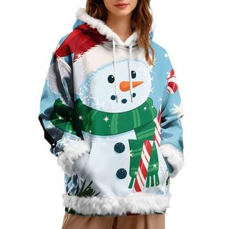 Generic Sweat à capuche de Noël pour femme avec bordure en fausse fourrure - Coupe ample - Manches longues - Imprimé graphique de Noël - Pull décontracté et l