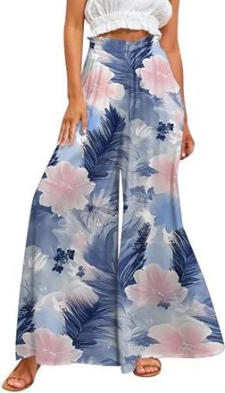 Generic Robe boh&egrave;me 2026 pour femme, pantalon palazzo &agrave; jambes larges, motif floral, jupe-culotte de plage d&eacute;t&eacute; 2025, pantalon fluide et d&eacute;contract&eacute;, bleu cie
