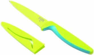 Kuhn Rikon 22089 Messer Colori 2 Rüstmesser grün/blau Gemüsemesser ergonomischer GriffKarbonstahl antihaftbeschichtet 21 cm m. Klingenschutz