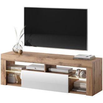 Selsey Selsey - bianko - TV-Lowboard stehend in Lancaster Eiche/Wei&szlig; Hochglanz mit Klappe und LED-Beleuchtung, 140 cm