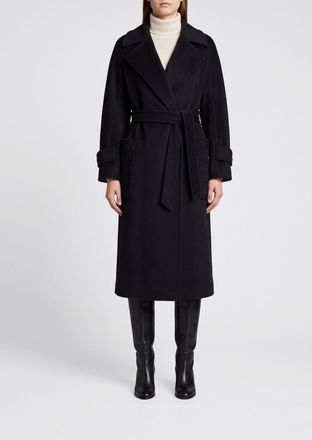 Max Mara Langer Robenmantel aus Wolle mit Bindeg&uuml;rtel und Reverskragen