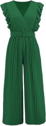 Generic Combinaison &agrave; manches courtes et col en V pour femme - Taille haute - D&eacute;contract&eacute;e - Ceinture - Jambe large, EN8, S