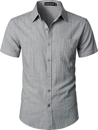 PARKLEES Chemise décontractée à manches courtes en coton et lin pour homme avec poche, gris, XXL