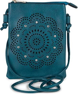 styleBREAKER Mini sac à bandoulière pour femme avec motif découpé au laser et strass, Pochette pour téléphone portable, sac à main 02012367, couleur:Pétrole