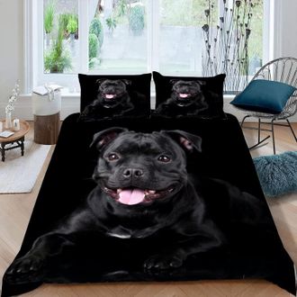 Generic Staffordshire Bullterrier Bettw&auml;sche 135x200 3D Drucken Schwarzer Hund Bettw&auml;sche-Sets Weiche Kuschelig Mikrofaser Bettbezug mit 2 Kissenbez&uuml;ge 80x80 