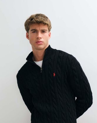 Polo Ralph Lauren Sweatshirt aus Baumwolle mit Zopfmuster, Viertelrei&szlig;verschluss und Icon-Logo in Schwarz