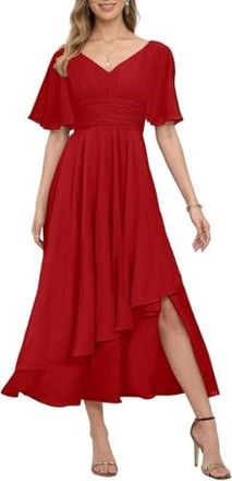 Generic Robe de mère de la mariée avec manches et col en V plissée en mousseline de soie pour invitée de mariage, Rouge, 48 Grande taille