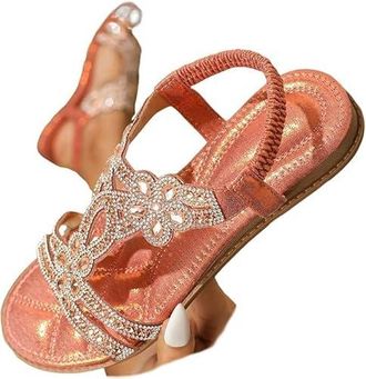 Generic Sandales plates avec strass pour femme - Large largeur - Confortables - Antid&eacute;rapantes - Style d&eacute;contract&eacute; - Sangle boh&egrave;me - Chaussures de marche r&eacute;gl