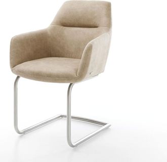 DELIFE Freischwinger Pejo-Flex Mikrofaser Beige Vintage Freischwinger rund Edelstahl Taschenfederkern, Esszimmerstühle