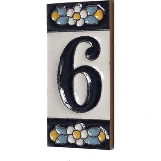 Generic Hausnummern und Buchstaben aus Keramik, blaues Blumenmuster, Gr&ouml;&szlig;e: 7,5 cm x 3,5 cm (Nummer 6)