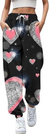 Generic Pantalon de jogging baggy pour femme - Pantalon de sport color&eacute; avec imprim&eacute; coeur - Long - Respirant - Avec cordon de serrage - Stretch - Streetwear 