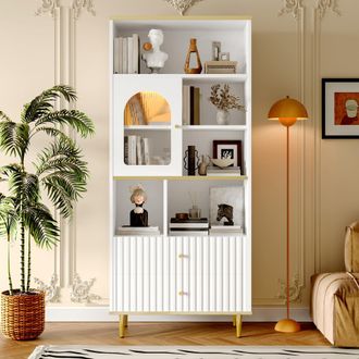 Generic B&uuml;cherregal wei&szlig; mit LED Farbwechsel 2 leise Schubladen offene F&auml;cher Metallf&uuml;&szlig;e Standregal Wohnzimmerregal Arbeitszimmerregal Sideboard Hochregal Sam