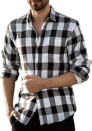 Generic Chemise &agrave; carreaux d&eacute;contract&eacute;e pour homme - Coupe r&eacute;guli&egrave;re - Col &agrave; revers - Chemise boutonn&eacute;e confortable et respirante &agrave; manches longues - Haut vic
