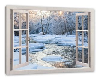 Pixxprint Bach in Winterlandschaft, Fenster, Größe: 120x80cm, Leinwandbild, fertig gespannt, Wandbild, Dekoration, Kunstdruck, kein Poster
