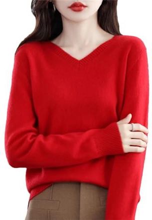 Generic Pull en laine m&eacute;rinos pour femme - Col en V - Manches longues - Solide - Bas basique - Tricot cachemire, Rouge, XS