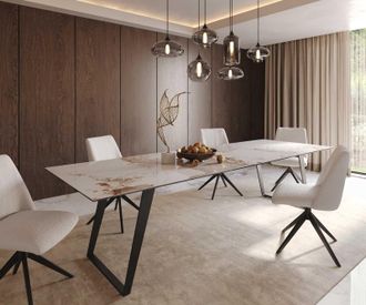 DELIFE Esstisch Edge 300x100 Keramik Minas Melange Wei&szlig;-Beige Metall Schr&auml;g Schwarz, Esstische