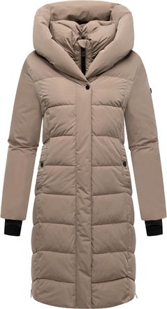 Navahoo Damen Langer Wintermantel warmer Steppmantel mit abnehmbarem Kragen-Einsatz Laubzauber 14 Taupe Grey Gr. XL