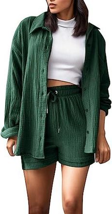 Generic Ensemble 2 pi&egrave;ces pour femme - Tenue de plage assortie - Chemise deux pi&egrave;ces &agrave; manches longues et short &agrave; cordon de serrage - Surv&ecirc;tement d&eacute;t&eacute; 2026 as