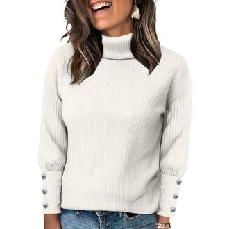 Generic Pull Femme Hiver Chaud col Montant D&eacute;contract&eacute; Manche Longue Couleur Unie Jumper Pull Femme Chic et El&eacute;gant Mode Ample Sweatshirts Blanc