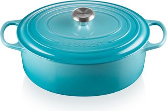 LE CREUSET Le Creuset Signature Gusseisen-Bräter mit Deckel, Ø 31 cm, Oval, Für alle Herdarten und Induktion geeignet, Volumen: 6,3 l, 5,705 kg, Karibik, 2117831
