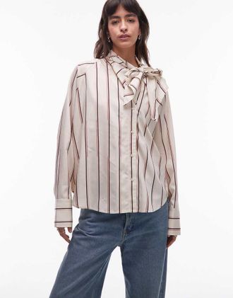 & Other Stories Blouse &agrave; rayures vintage avec col lavalli&egrave;re et manches volumineuses - Beige-Multicolore