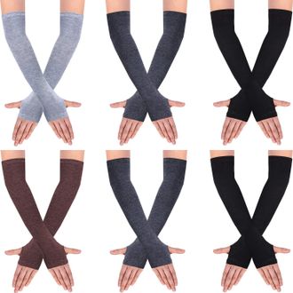 Satinior 6 Paare Frauen Lange Fingerlose Handschuhe Stricken Armw&auml;rmer Daumenloch Dehnbare Handschuhe (Einfarbige Serie)