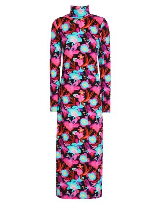 8 by YOOX VISCOSE HIGH-NECK PRINTED MIDI DRESS W/ RUCHED SIDE SEAM