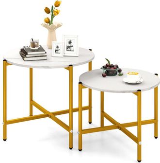 Costway Tables Basses Gigognes Rondes de 55 cm et 65 cm avec Cadre en M&eacute;tal, Ensemble de Tables dAppoint pour Salon, Chambre, Blanc