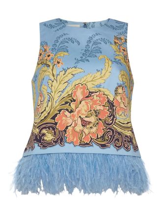 Cara Cara Belmond Top mit Blumen-Print und Federbesatz - Blau