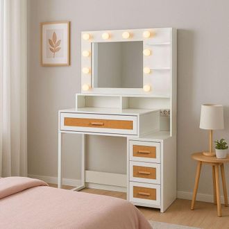 Menzzo Menzzo - Coiffeuse 4 tiroirs et miroir led 3 couleurs Miraclas L92cm Bois Blanc et Rotin