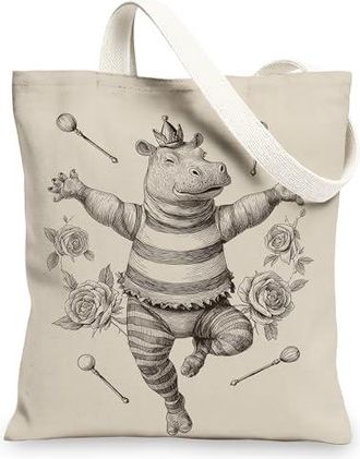 Generic Sacs fourre-tout en toile hippopotame réutilisables, motif animal mignon, sacs de courses vintage, légers et lavables, bandoulière en toile, beige, 13