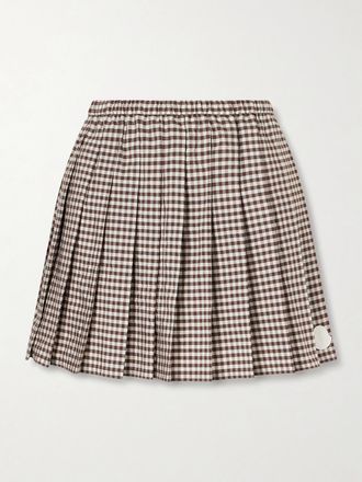 Moncler Appliqu&eacute;d Pleated Gingham Cotton-blend Mini Skirt - Brown