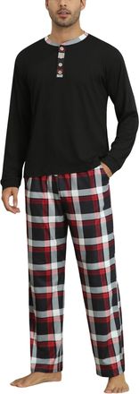 Ekouaer Schlafanzug Herren Lang Henley-Kragen Pyjama Set Winter Warm mit Kordelzug und Taschen Hausanzug, Schwarz, XXL