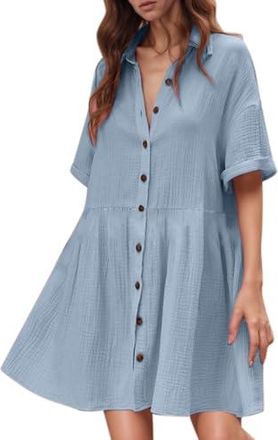 Generic Robe nuisette &agrave; manches courtes pour femme - Robe d&eacute;t&eacute; boutonn&eacute;e avec poches - Robe d&eacute;t&eacute; boh&egrave;me pour la plage, les vacances - Essentiels de vacances p