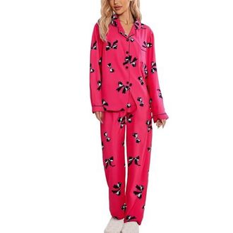 Generic Pyjama imprim&eacute; avec noeud pour la Saint-Valentin 2026 pour femmes, short avec poche &agrave; boutons, style mignon, Rouge, XL