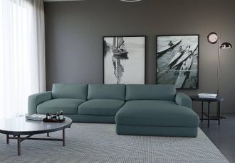 Studio Copenhagen home24 Ecksofa mit Schlaffunktion Blau Cordstoff Maiva 303 x 84 x 176cm Longchair davorstehend rechts Modern