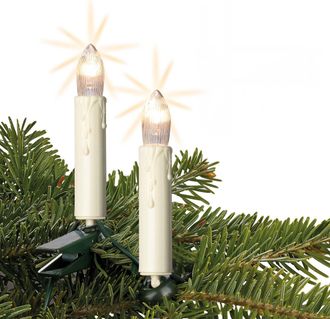 Hellum 611533 15-teilige Riffelkerzenkette mit Wachstropfen für innen an Weihnachten, elfenbein, inkl. Ersatzlämpchen, 9,8m + 1,5m grünes Zuleitungs-Kabel, E