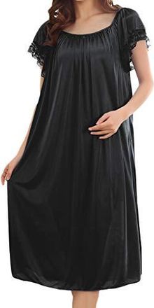 Generic Chemise de nuit en soie pour femme, robe de nuit longue en dentelle et soie glac&eacute;e &agrave; manches courtes, robe de nuit ample grande taille, chemise de nui